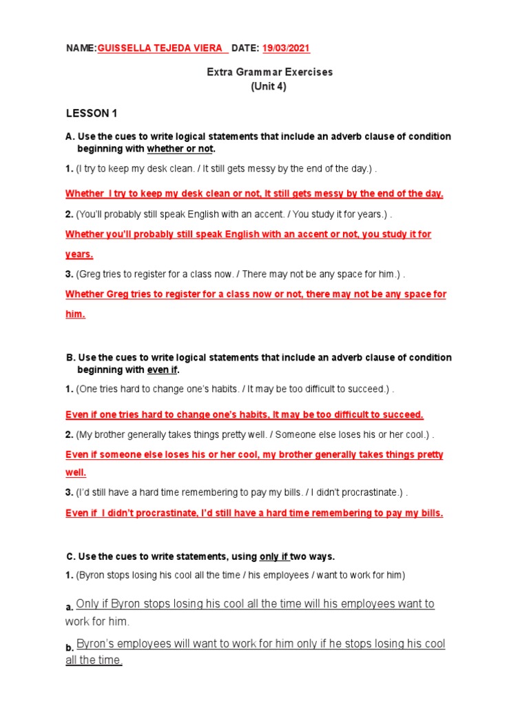 Guissella Paola Tejeda Viera - Extra Grammar Exercises - Unit 4 | PDF