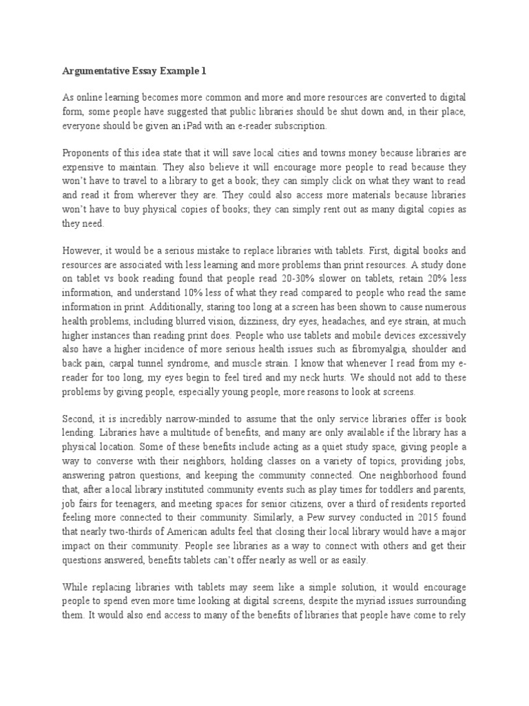 Argumentative Essay Example 1 | PDF | Libraries | Books