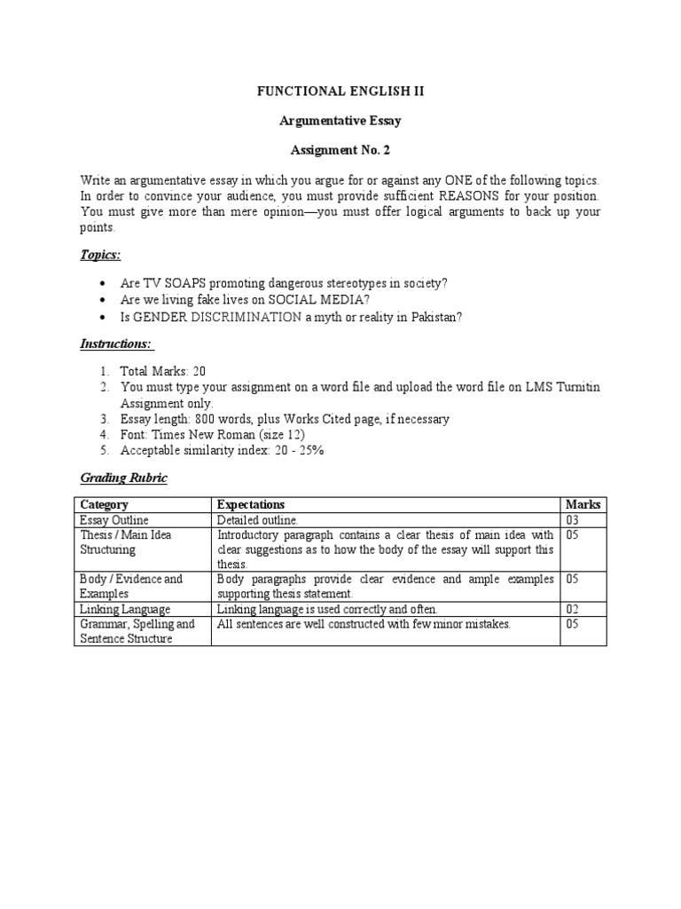 Topics:: Functional English Ii Argumentative Essay Assignment No. 2 ...