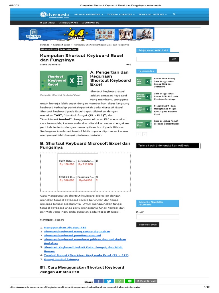 Kumpulan Shortcut Keyboard Excel Dan Fungsinya | PDF