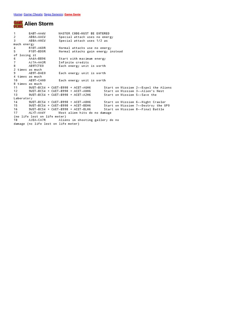 Sega Genesis Cheat Codes Guide | PDF | Science & Mathematics ...