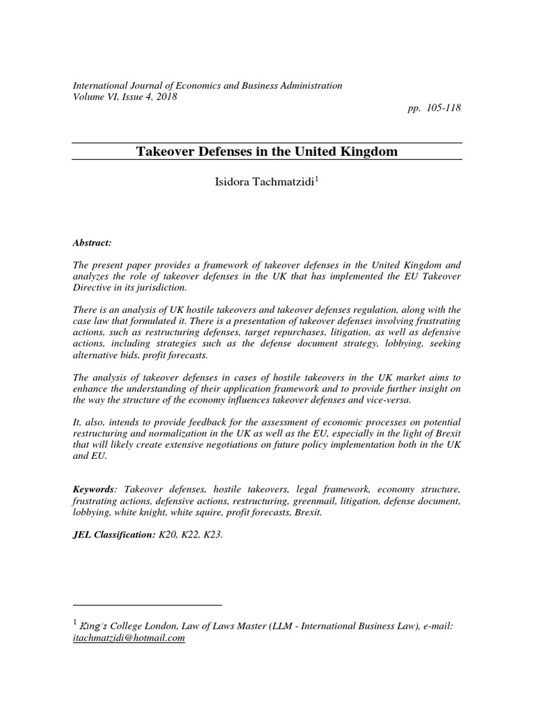 Takeover Defenses in The United Kingdom | PDF | Takeover | Companies