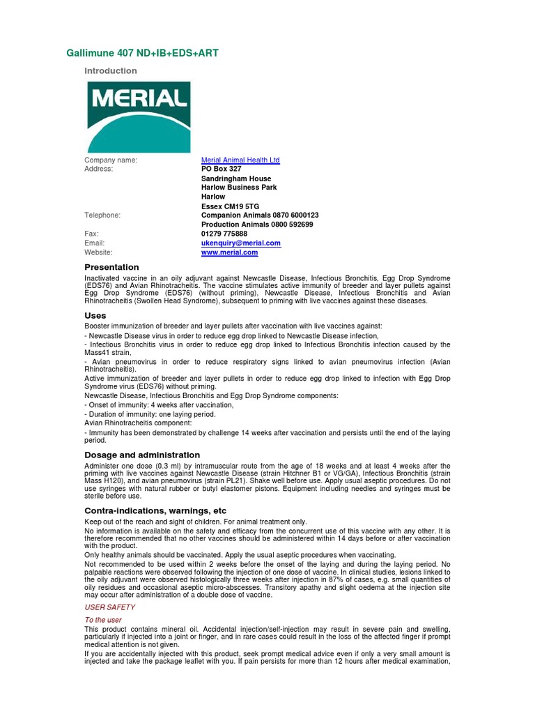 Gallimune 407 ND+IB+EDS+ART: Presentation | PDF | Injection (Medicine ...