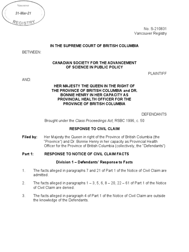 Response To Civil Claim | PDF | Class Action | Pleading