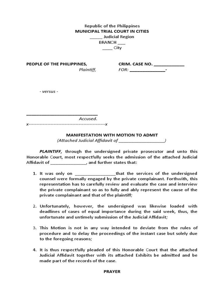 Manifestation With Motion To Admit JA | PDF | Plaintiff | Affidavit