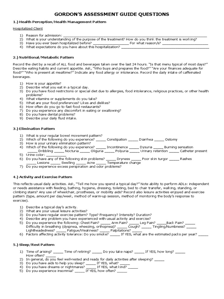 Gordon'S Assessment Guide Questions: 1.) Health Perception/Health Management Pattern | PDF ...
