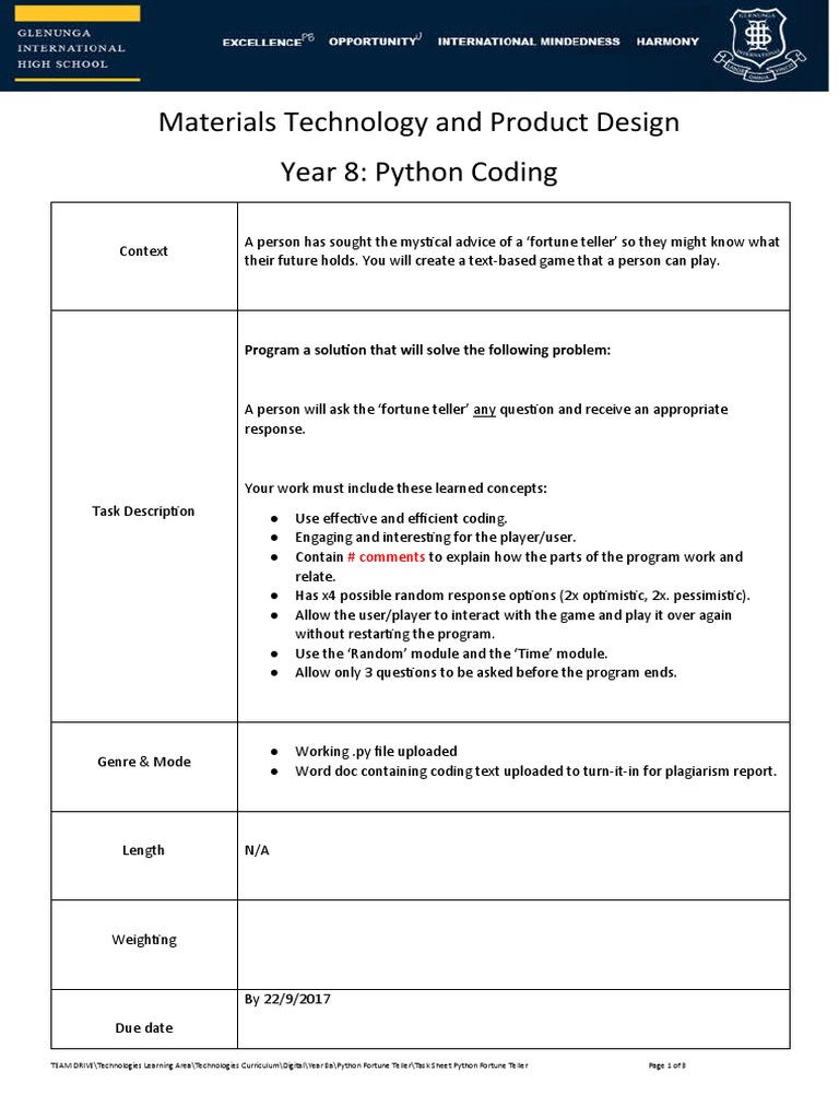 Task Sheet Python Fortune Teller | PDF | Rubric (Academic) | Control Flow