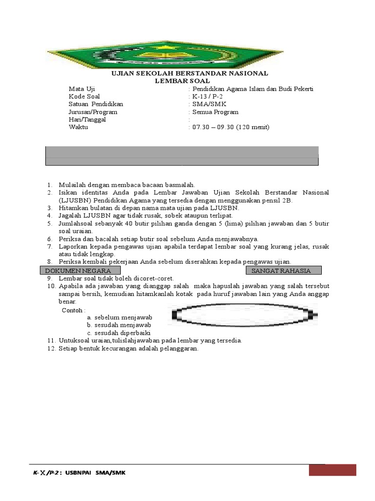 Ujian Sekolah Berstandar Nasional Lembar Soal: Dokumen Negara Sangat Rahasia | PDF