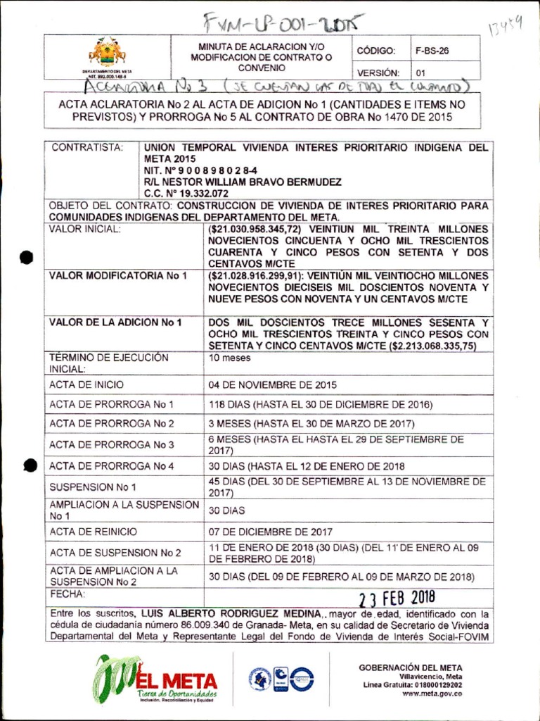 ACTA ACLARATORIA No 2 AL ACTA DE ADICION No 1 Y PRORROGA No 5 ( (APLICA PARA LOS 5 PROYECTOS) | PDF