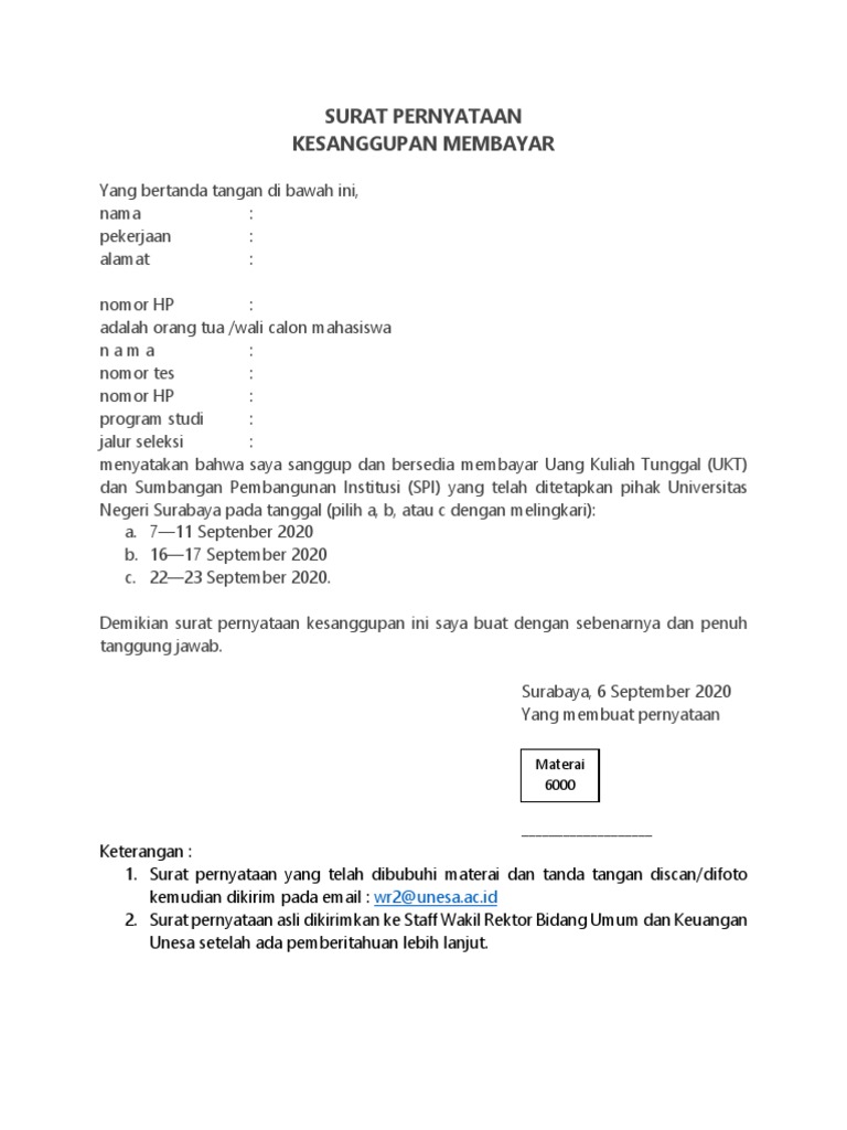Surat Pernyataan Kesanggupan Membayar UKT Gasal 2020 2021 | PDF