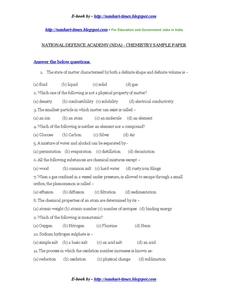 NDA Chemistry Sample Paper | PDF | Carbon | Atomic Nucleus
