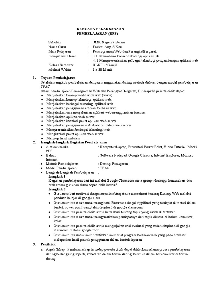 RPP Pemrograman Web SMK Batam | PDF