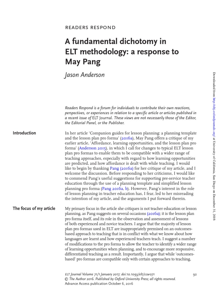 2016 - Anderson - Fundamental Dichotomy in ELT Methodology | PDF ...