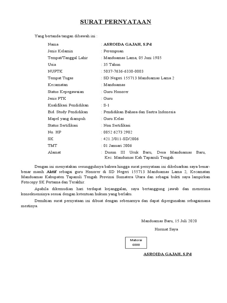 Surat Pernyataan Guru Honor | PDF