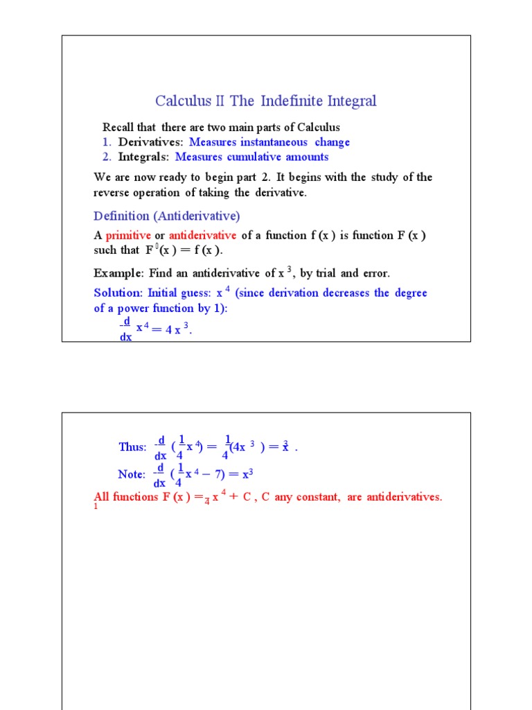 Calculus II The Indefinite Integral: Definition (Antiderivative) | PDF ...
