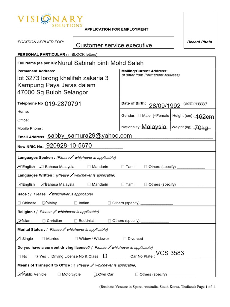Filled Application Form | PDF | Malaysia | Microsoft Excel