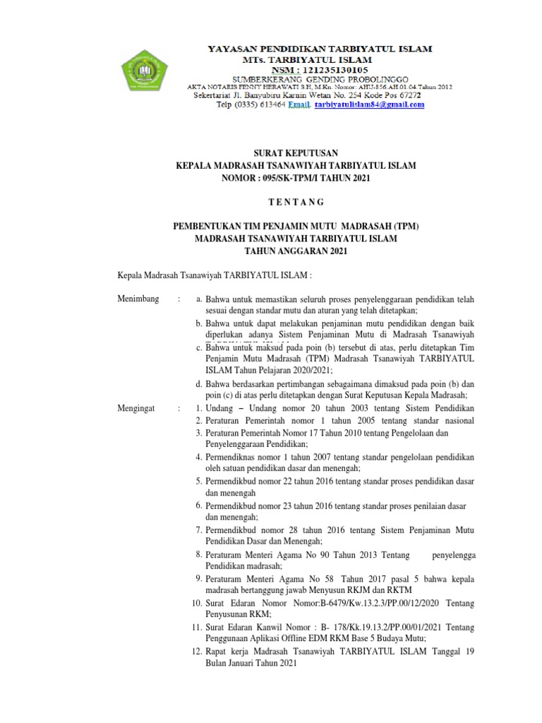 Surat Keputusan Kepala Madrasah Tsanawiyah Tarbiyatul Islam NOMOR: 095 ...