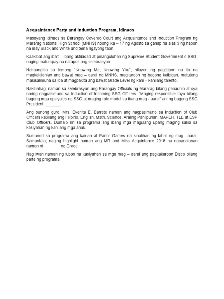 Acquaintance Party and Induction Program News Article Tagalog | PDF