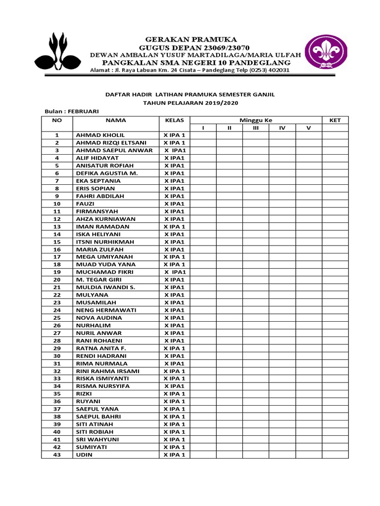Daftar Hadir Latihan Pramuka Semester Genap | PDF