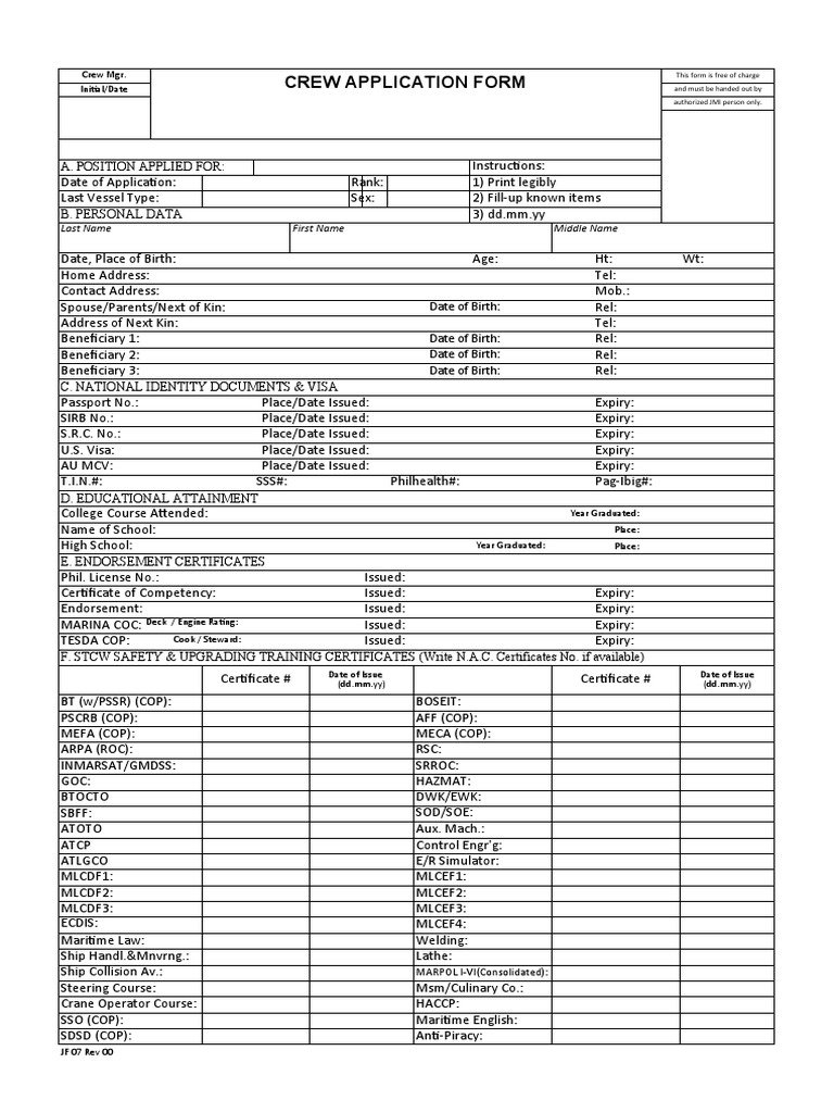Crew Application Form | PDF | Government And Personhood | Business