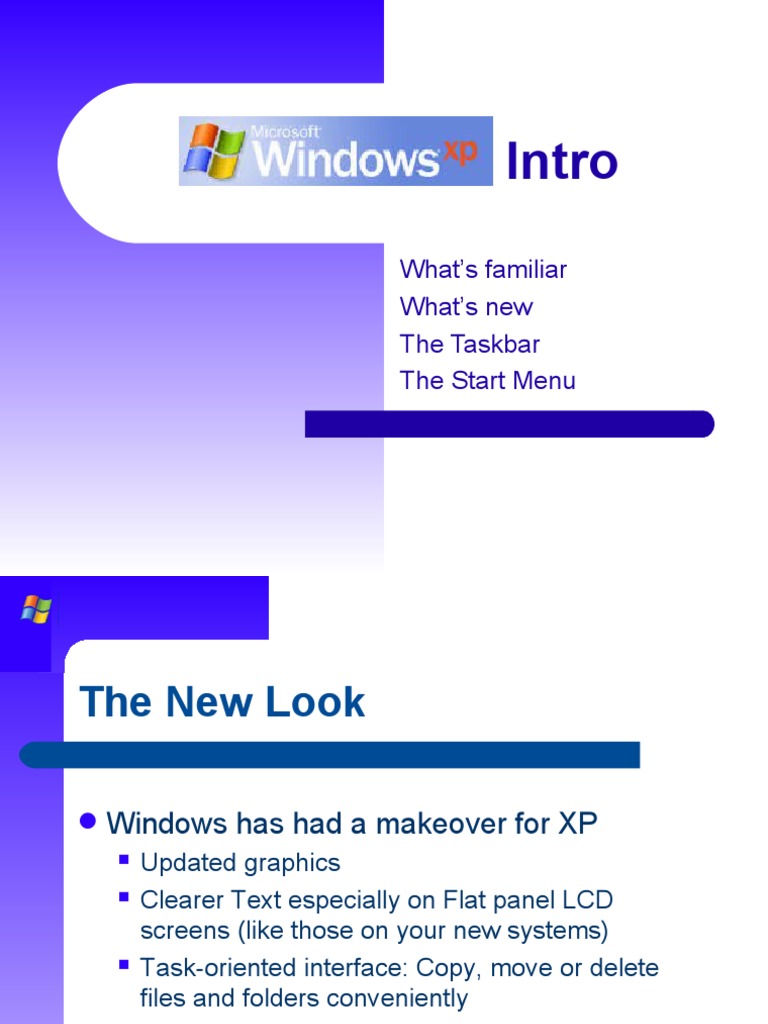 Windows XP Intro: What's Familiar What's New The Taskbar The Start Menu ...
