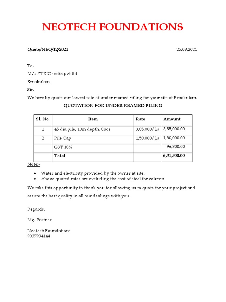 Piling Quotation-Vallarpadam PDF | PDF