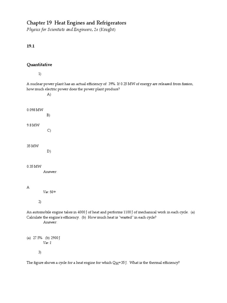 Chapter 19 Heat Engines and Refrigerators: Physics For Scientists and ...