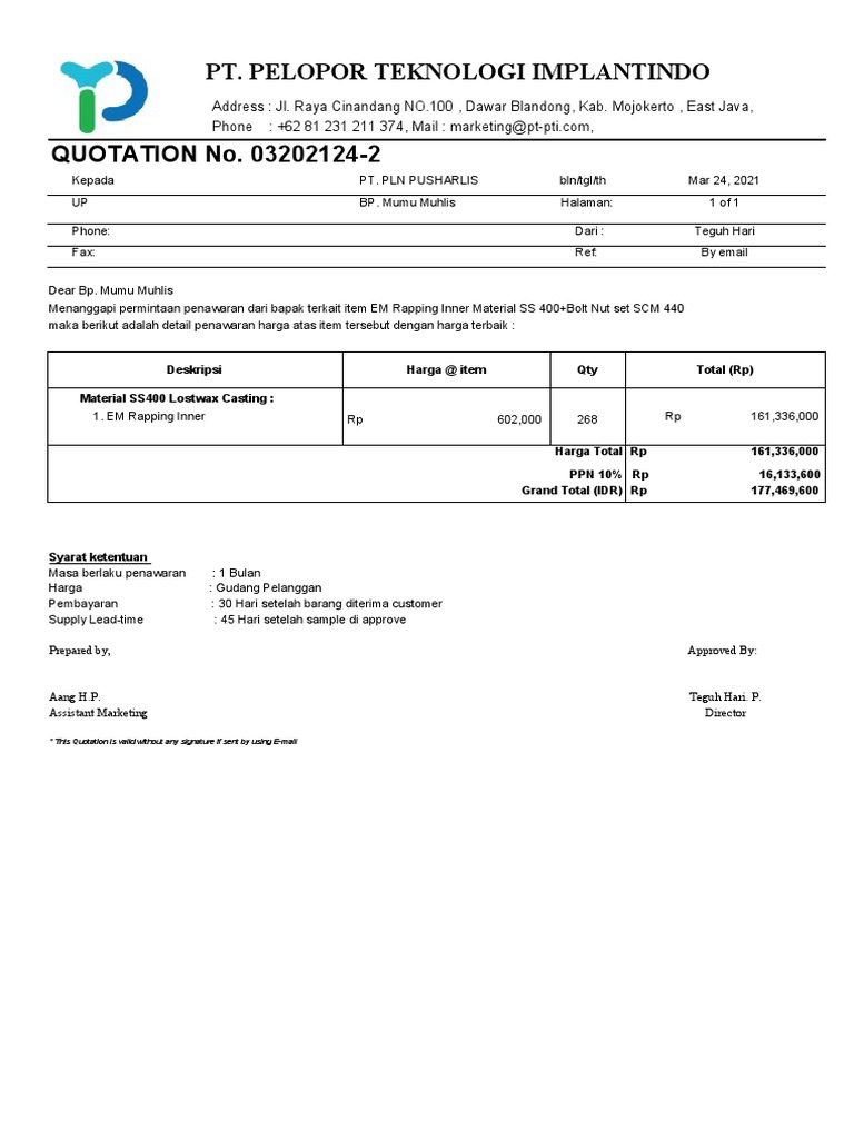 Quotation PT. PLN EM Rapping Inner Arm ESP | PDF