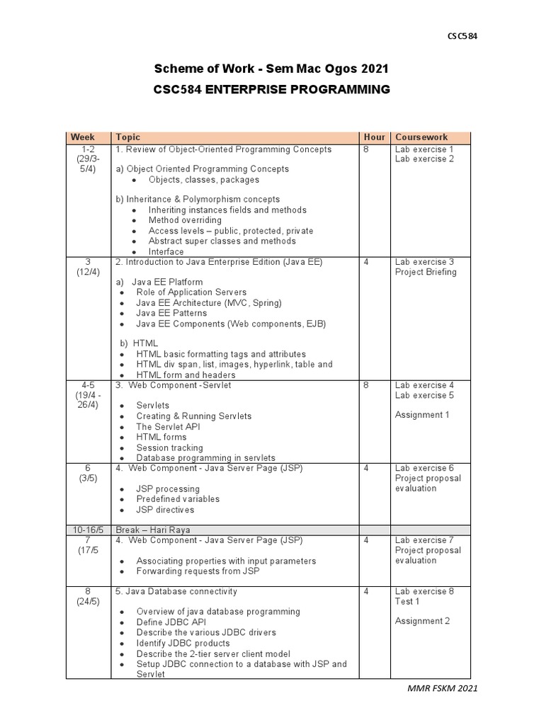 Scheme of Work - Sem Mac Jul 2021 | PDF | Java Specification Requests ...