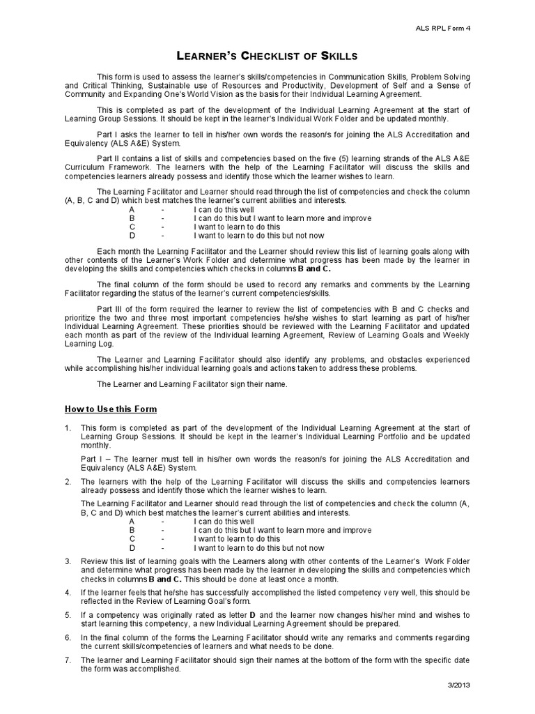 RPL Form 4 - Learner's Checklist of Skills 2013 | PDF | Percentage ...