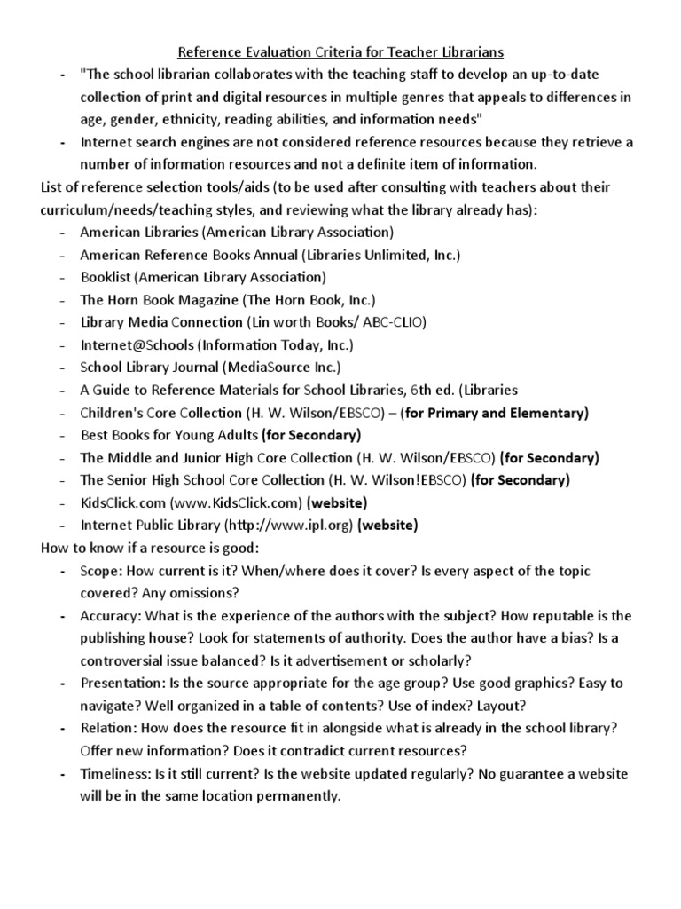 Reference Evaluation Criteria | PDF | Libraries | School Library