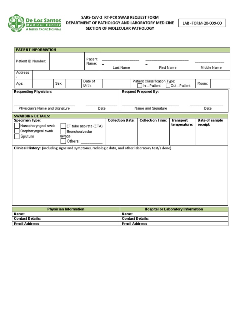 Sars-Cov-2 RT-PCR Swab Request Form Department of Pathology and ...