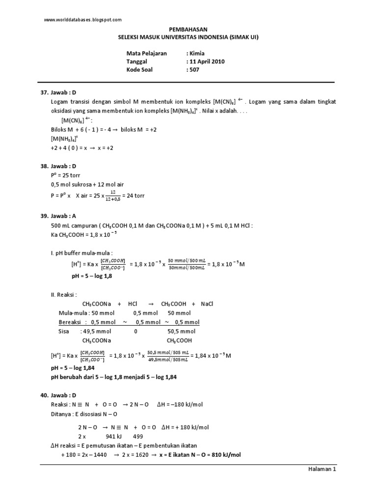 Pembahasan Soal Simak UI Kimia 2010 Kode - 507 | PDF Pembahasan Soal Simak UI Kimia 2010 Kode - 507 | PDF