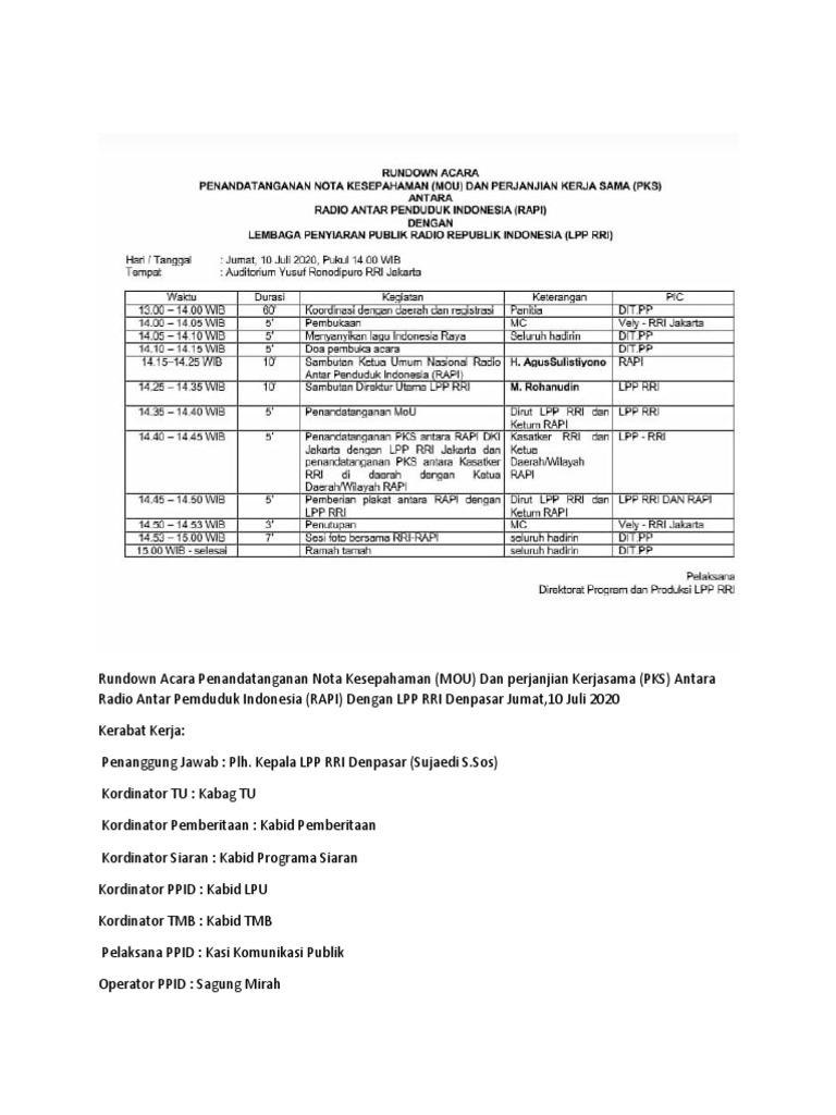 Rundown Acara Penandatanganan Nota Kesepahaman 10 Juli 2020 | PDF