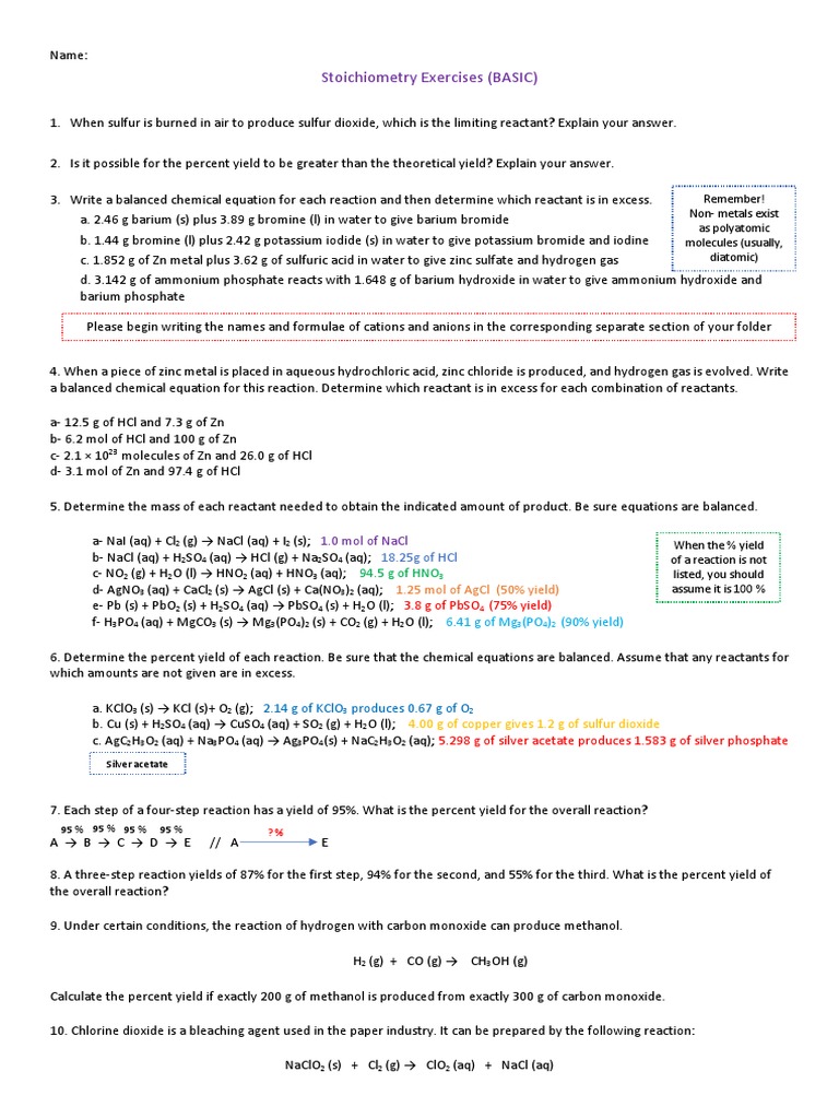 Stoichiometry Guide - Basic | PDF | Stoichiometry | Hydrochloric Acid