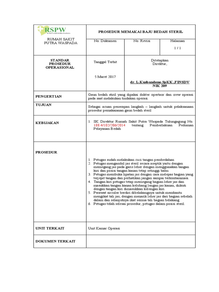 Cara Memakai Baju Steril (SOP) | PDF