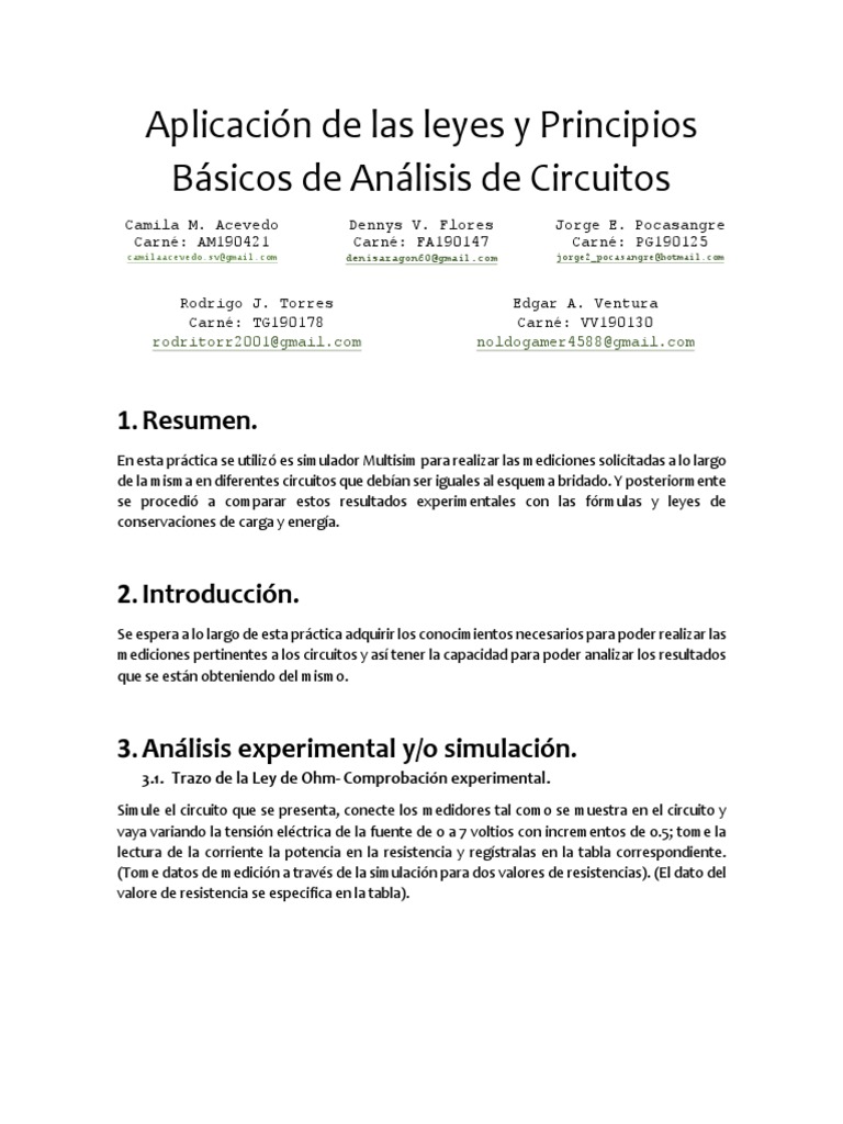 Reporte 2 Aplicación de Leyes y Principios Básicos de Análisis de Circuitos | PDF | Análisis de ...