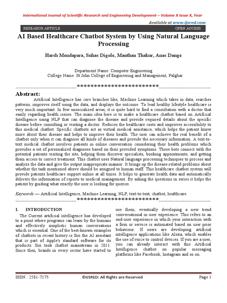 AI Based Healthcare Chatbot System by Using Natural Language Processing ...