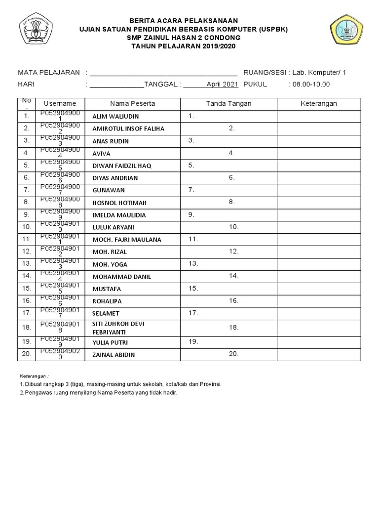 Daftar Hadir USPBK SMP Zaha 2-2021xxx | PDF