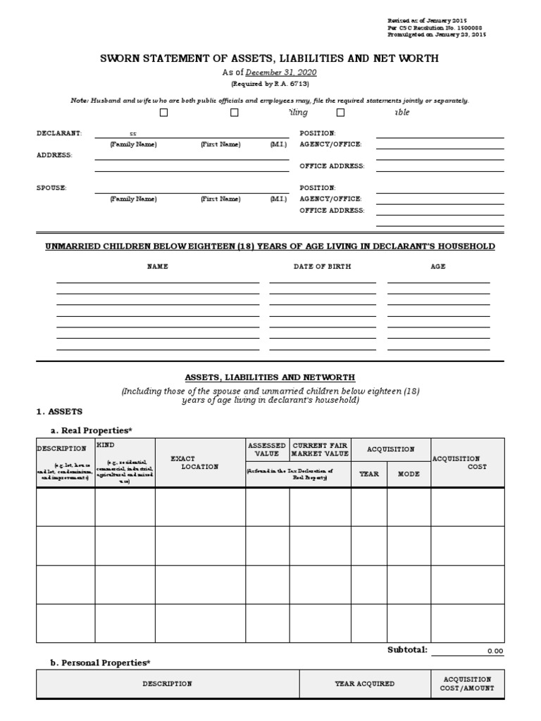 Sworn Statement of Assets, Liabilities and Net Worth: Joint Filing ...