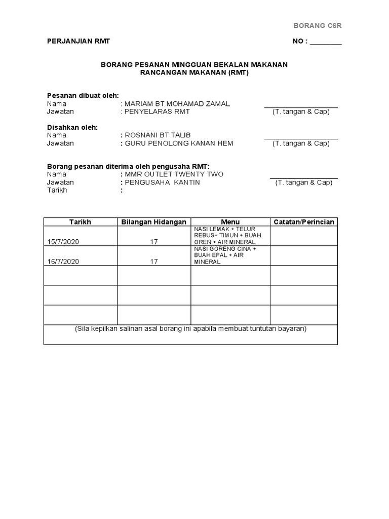 Borang Pesanan Mingguan Bekalan Makanan RMT (PKPP) | PDF
