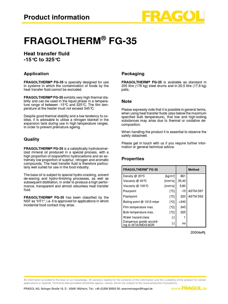 Fragoltherm FG-35: Product Information | PDF | Coolant | Heat Transfer