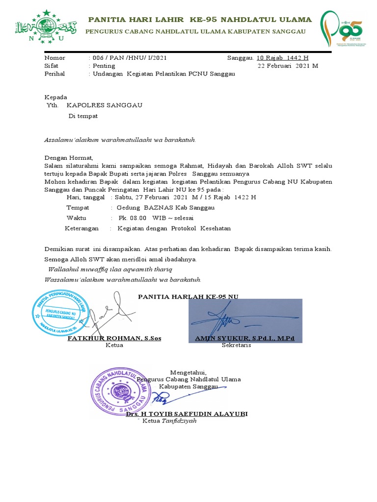 014-Surat Panitia Harlah NU - Undangan KAPOLSEK | PDF