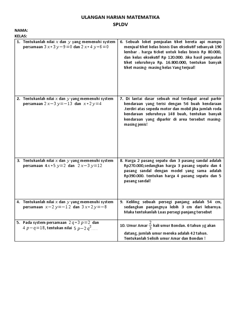 Ulangan Harian Matematika SPLDV | PDF | Metode & Bahan Ajar
