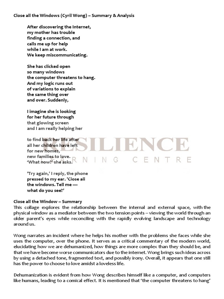 "Close All Windows" Poem Analysis | PDF | Poetry | Computing And ...
