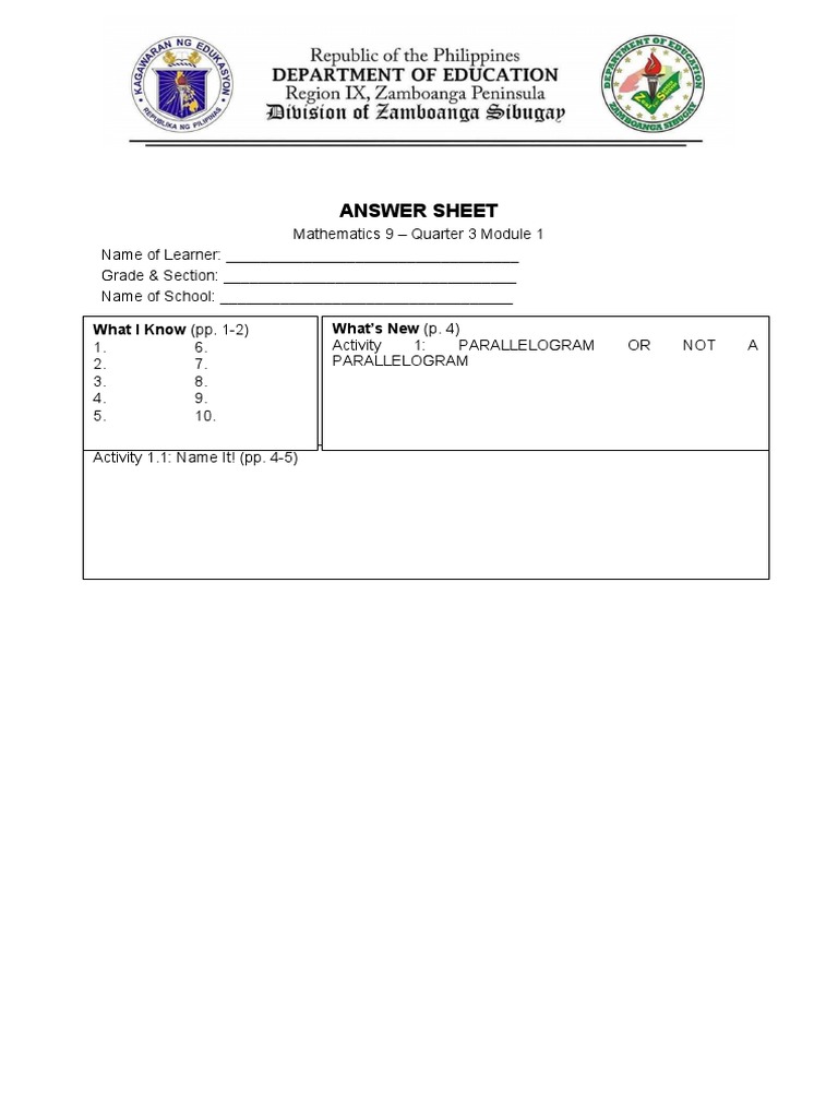 Mathematics 9 - Answer Sheet | Download Free PDF | Rectangle | Convex ...