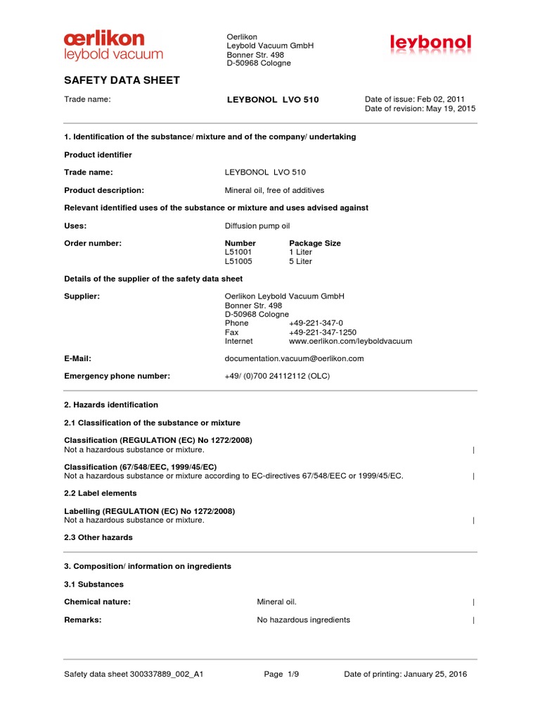 Safety Data Sheet: Leybonol Lvo 510 | PDF | Dangerous Goods | Toxicity