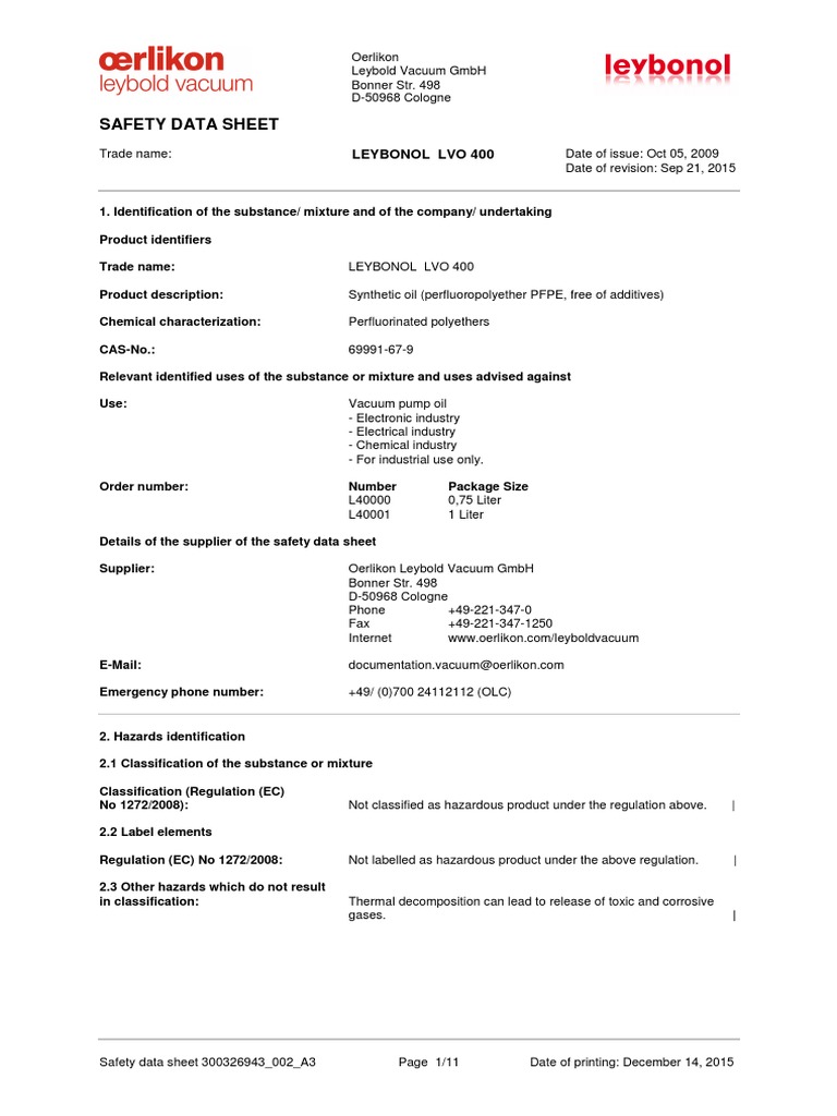 Safety Data Sheet: Leybonol Lvo 400 | PDF | Toxicity | Fluoride