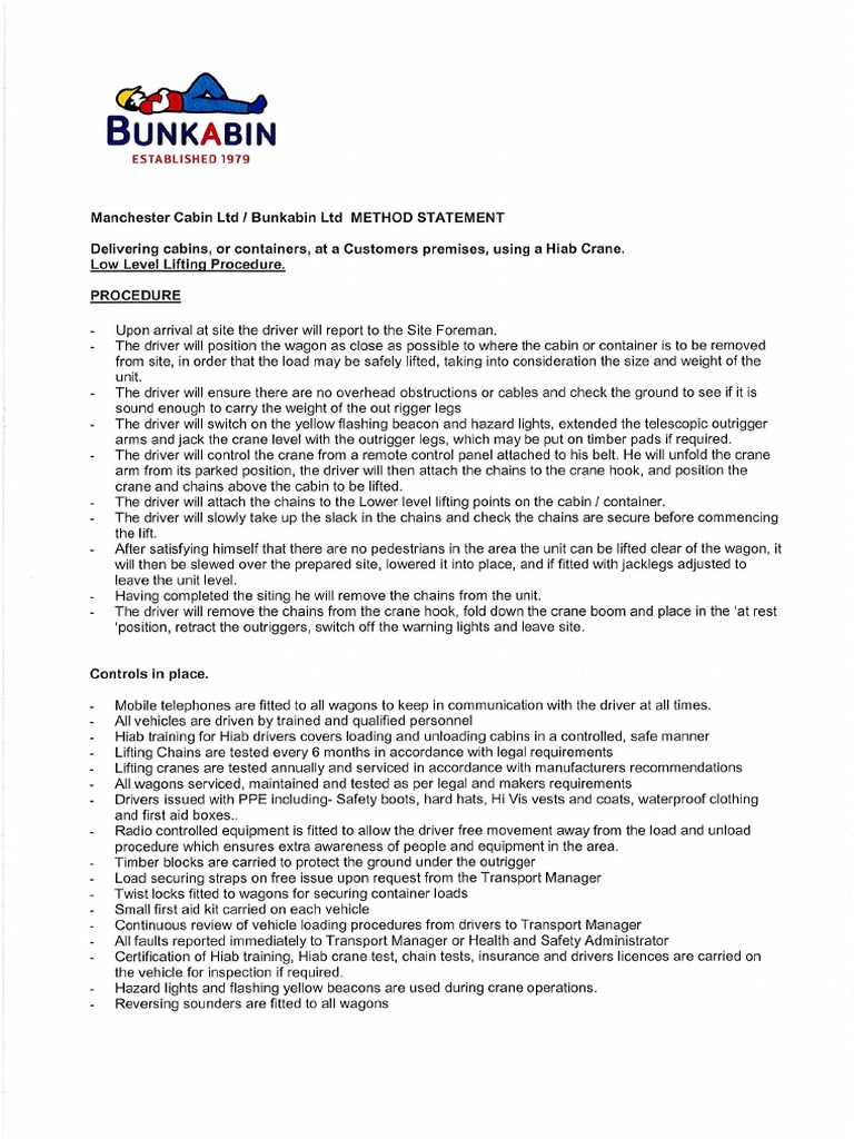 Method Statement For Container Cabin by Crane | PDF