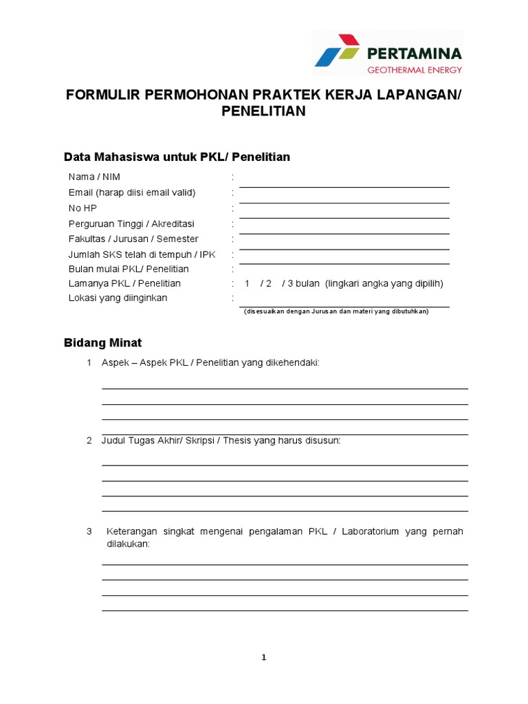 Formulir Permohonan PKL TA PGE 2019 | PDF